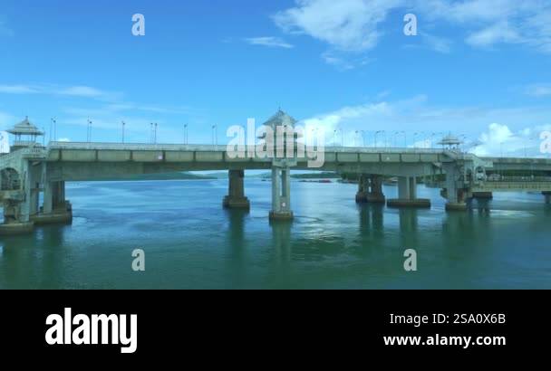Aerial view beautiful Sarasin bridge on the blue sea.Sarasin bridge is ...