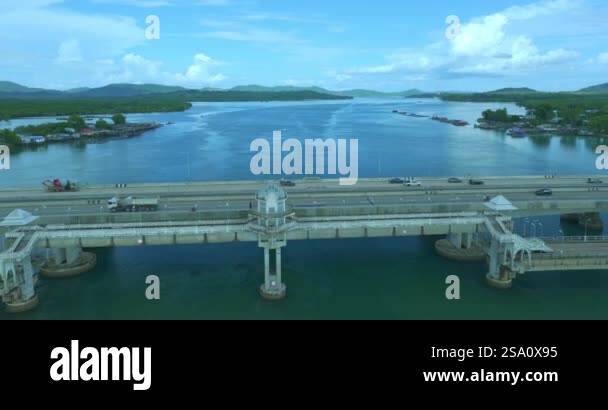 Aerial view beautiful Sarasin bridge on the blue sea.Sarasin bridge is ...