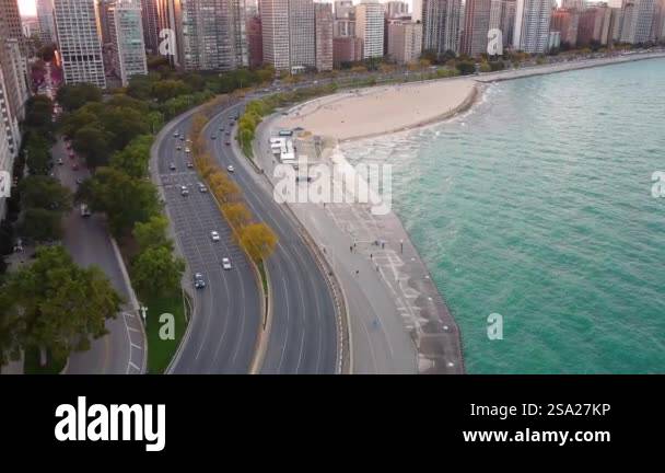 Aerial view Chicago Lakefront and Cityscape Road and transportation ...