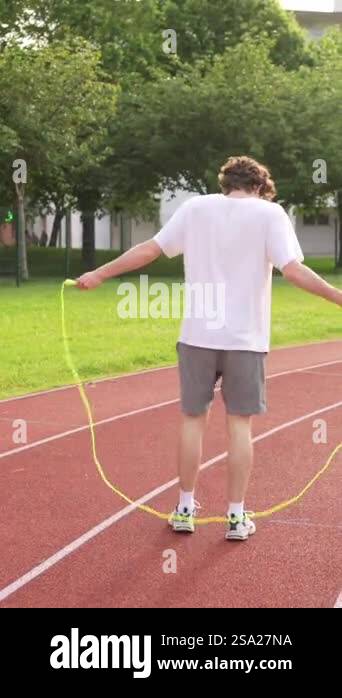 Video of a young skinny caucasian man jumping rope in an outdoor ...