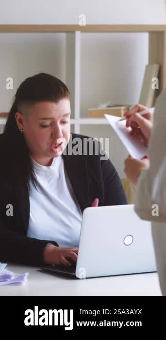 Vertical video. Job interview. Business meeting. Productive overweight ...