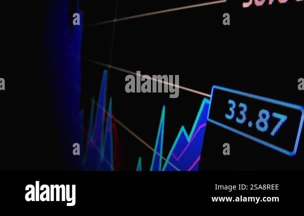 Closeup macro shot movement of stock graph displayed on LED screen ...