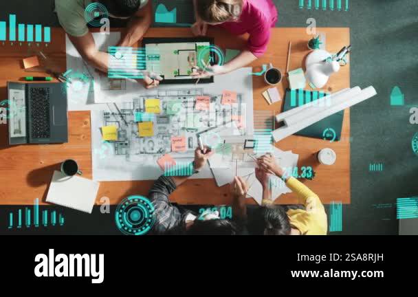 Top down view of civil engineer planning at blueprint. Smart architect ...