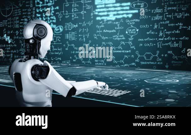 Robot hominoid use laptop and sit at table for engineering science studying using AI thinking ...