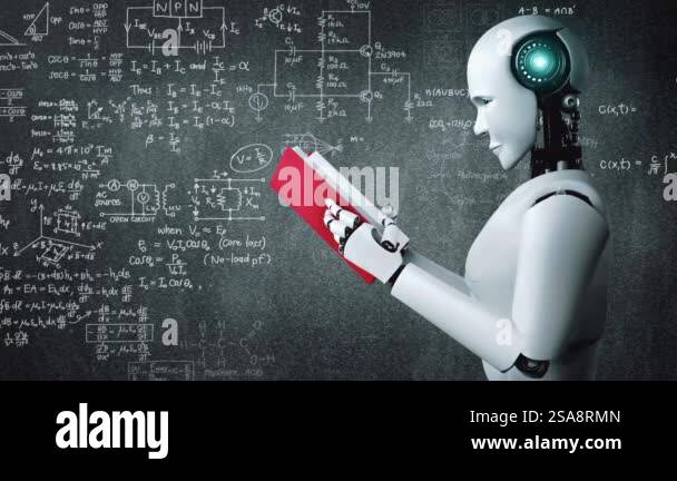 3D rendering of robot hominoid reading book and solving math data analytics in concept of future ...