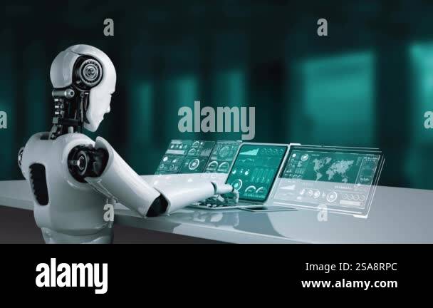 Robot hominoid use laptop and sit at table for big data analytic using AI thinking brain ...