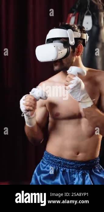 Boxer training utilizing VR technology or virtual reality, wearing VR ...