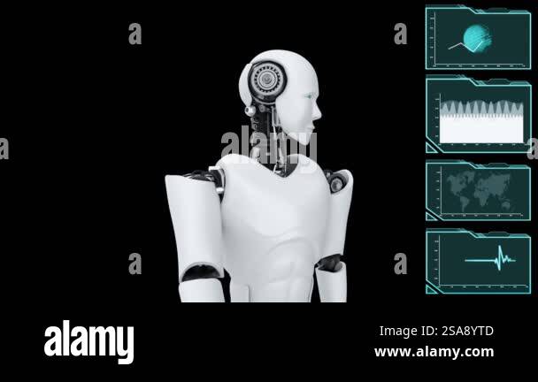 Futuristic robot, artificial intelligence CGI big data analytics and programming . Robotic man ...