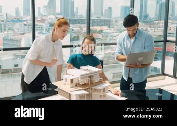 Smart architect team discussion about house design while handsome male ...