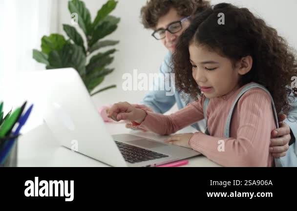 Caucasian father teaching attractive daughter about coding engineering prompt while american ...