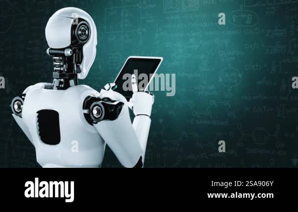 Robot hominoid using tablet computer for engineering science studying using AI thinking brain ...