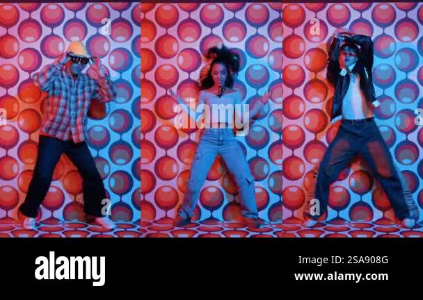 Happy multicultural dancer dancing together at party stage with balloon ...