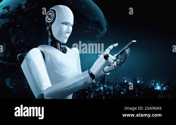 Robot hominoid use mobile phone or tablet for global network connection using AI thinking brain ...