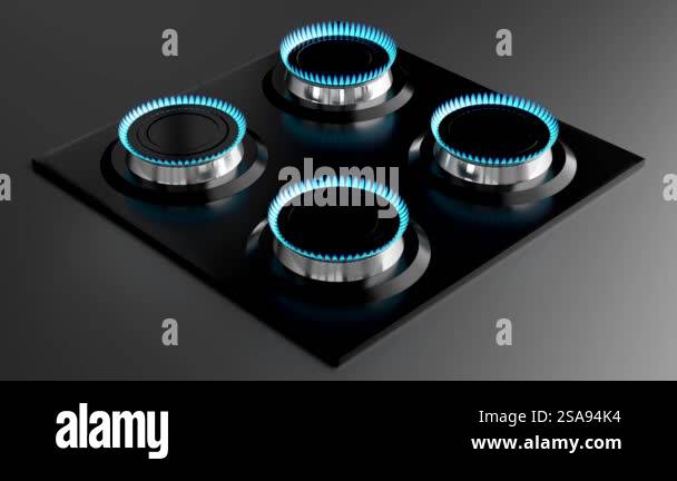 Four propane butane gas burners with blue flames - 3D 4k animation ...