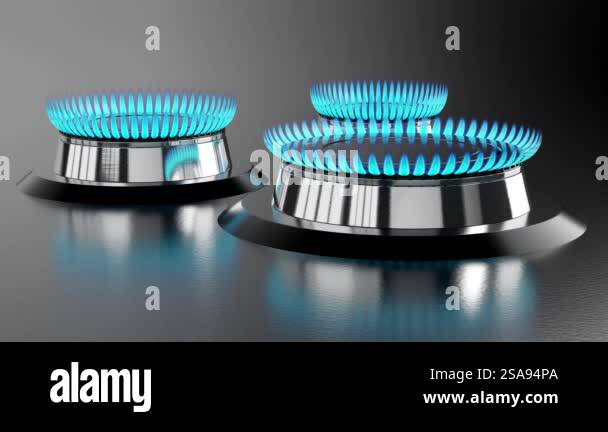 Three propane butane gas burners with blue flames - 3D 4k animation ...