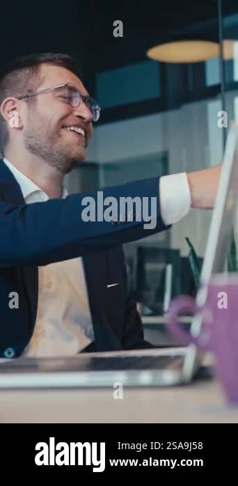 Vertical Screen: Business meeting in a modern office, featuring a ...