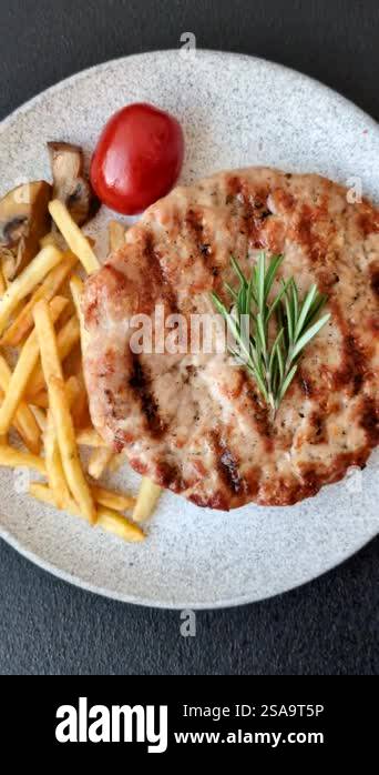 Delicious fresh grilled turkey fillet with spices and herbs on a dark ...