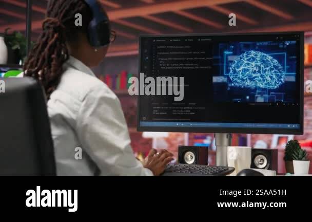 Admin doing maintenance on artificial intelligence neural networks computerized model, listening ...