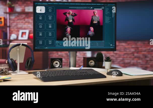 Computer monitor in apartment showing artificial intelligence generating images from basic text ...