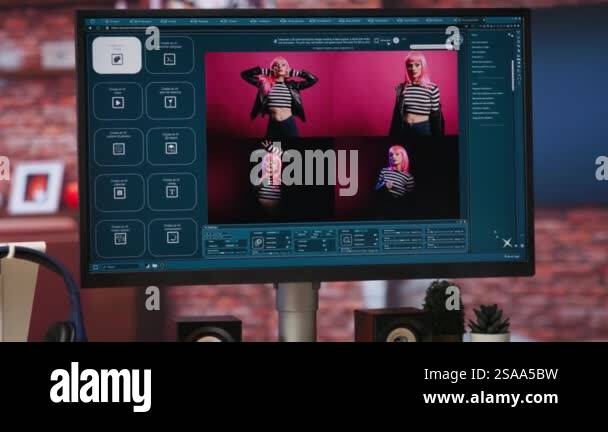 Computer screen in apartment showing artificial intelligence generating images from basic text ...