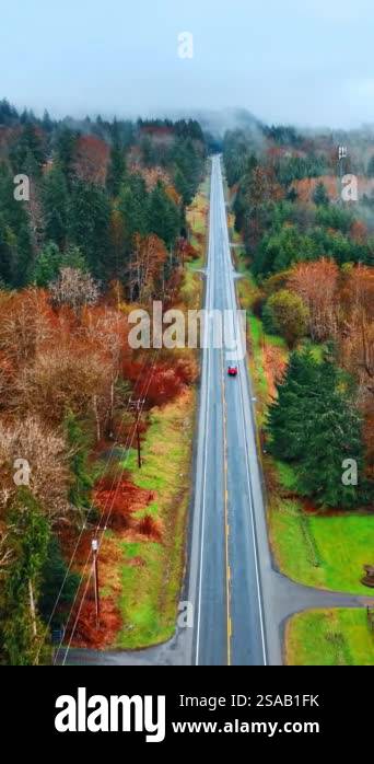 Mountain autumn road aerial view. Outdoor forest car driving in the ...