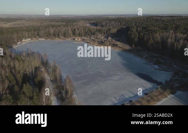 Flight over the village of the 20th century and lakes. Soviet Union ...