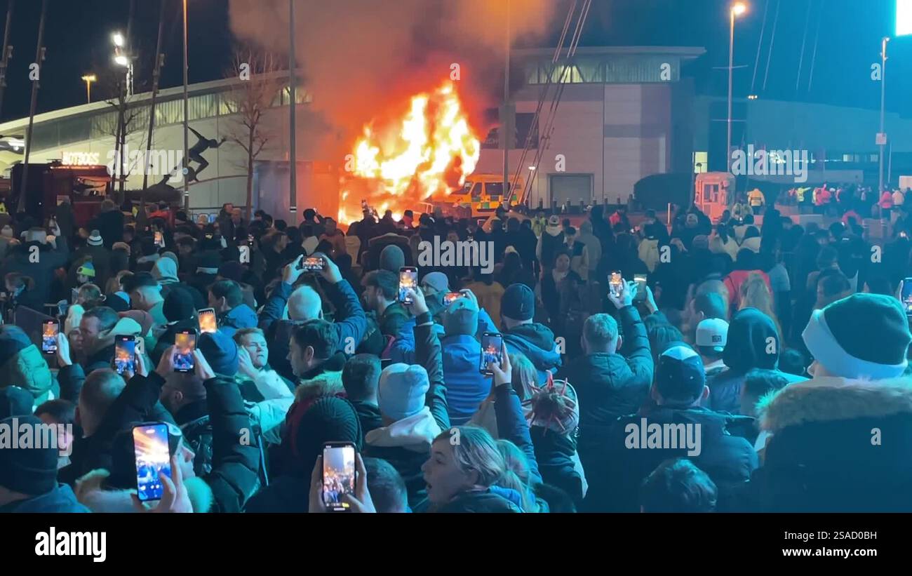 Merchandise stand catches fire outside Etihad Stadium Stock Video ...