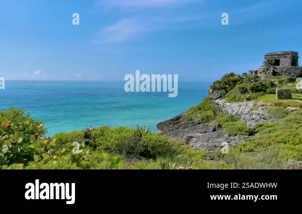 Natural seascape and beach panorama view at the ancient Tulum ruins ...
