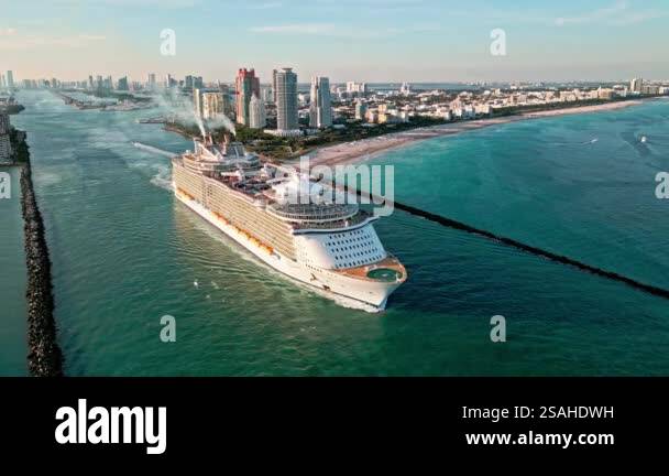 January 10, 2025 - Miami Beach, Florida: Aerial view Cruise ship Allure ...