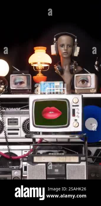 Collection of stop motion retro and vintage entertainment objects with ...