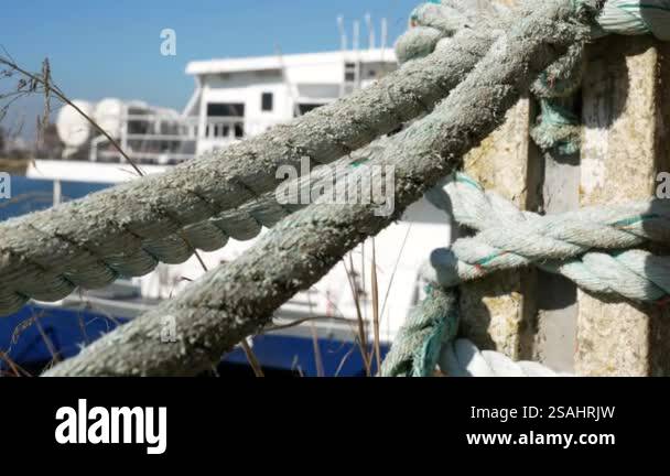 Weathered, moss-covered marine ropes wrapped tightly around a concrete ...