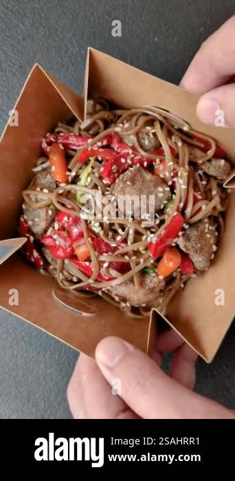 Delicious spicy Asian food soba with buckwheat noodles, beef ...