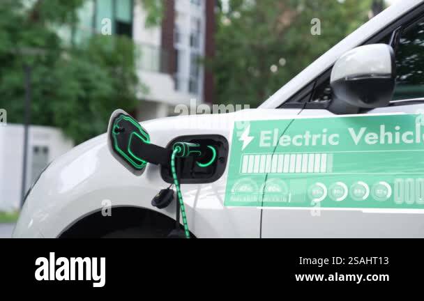 Electric car recharging in futuristic home charging station with smart ...