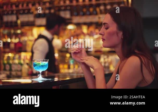 Sitting beautiful woman guest feeling bored waiting friends or couple ...