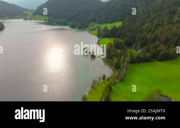 Hintersteiner See mountain lake in Austria near town of Kufstein, aerial view in summer at ...