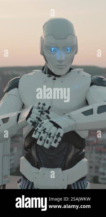 Automated humanoid AI robot on roof activating smartwatch, interacting ...