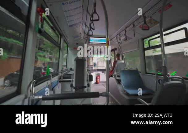 Interior inside city bus during trip to Porto, Portugal in summer ...