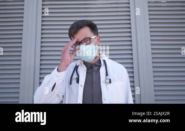 Young male doctor in white coat removes his mask and glasses, showing ...