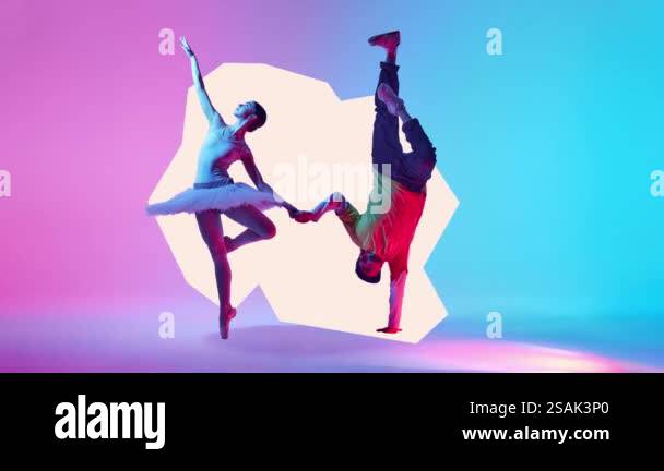 Ballerina and breakdancer, young girl and boy preforming classical and ...