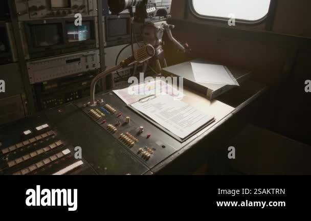 Medium zoom-in shot of news show script and broadcasting plan, on ...