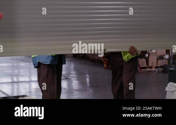 Medium shot of two Asian and African American male colleagues in safety ...