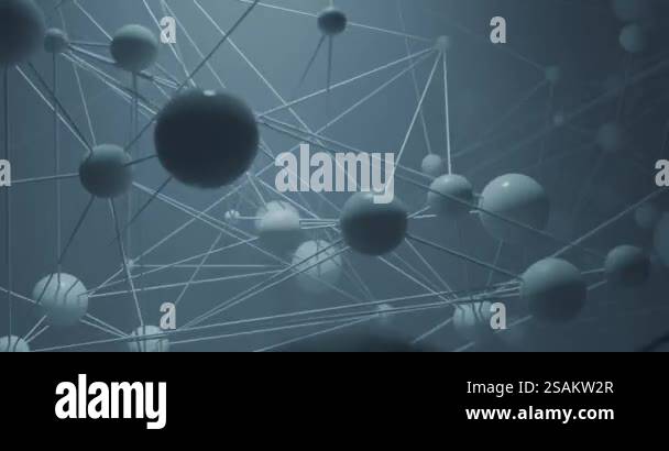 A close up of many small spheres connected by strings. The spheres are ...