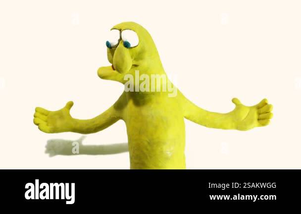 Stop motion animation of a yellow cartoon plasticine character taking a ...