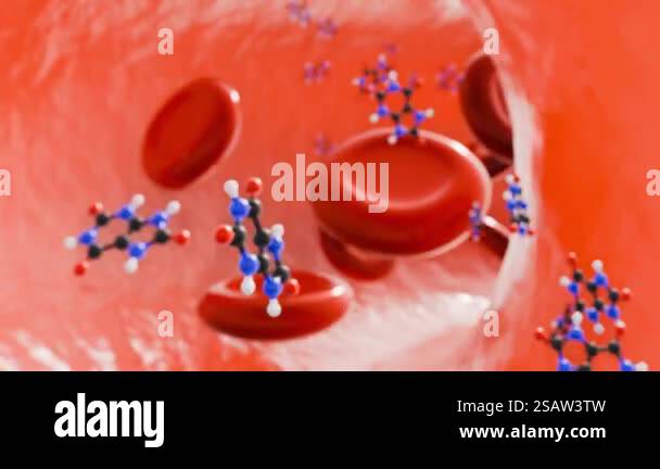 3D animation of uric acid molecules and red blood cells inside of blood ...