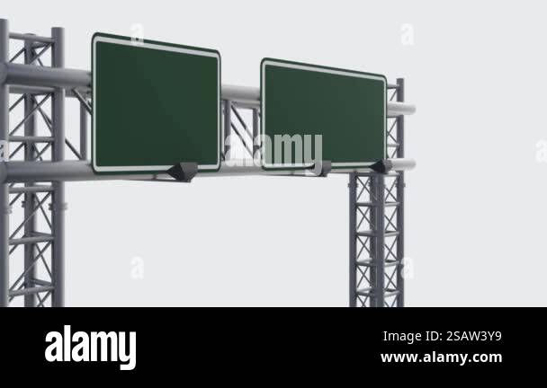 A 3D animation depicts green rectangular signboards with silver trim ...