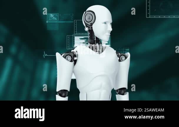Futuristic robot, artificial intelligence CGI big data analytics and programming . Robotic man ...