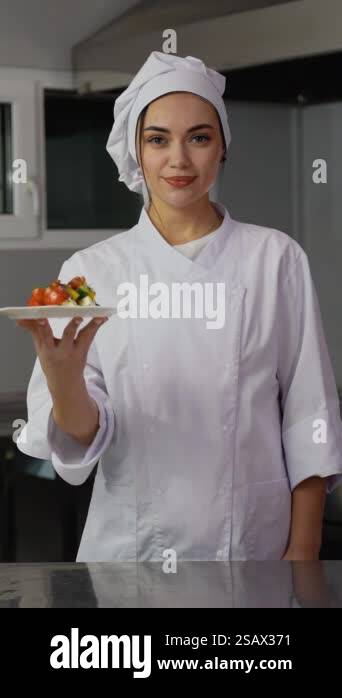 Professional chef in a white uniform holding a plate with a colorful ...