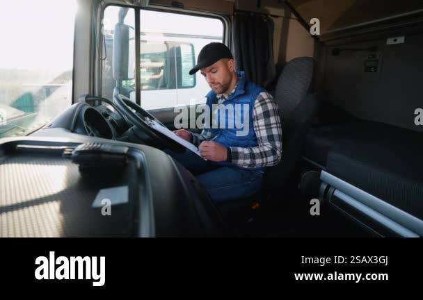 A truck driver sitting in the cabin, checking and filling out delivery ...