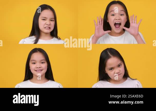 A young girl displays a variety of emotions, including happiness, anger ...