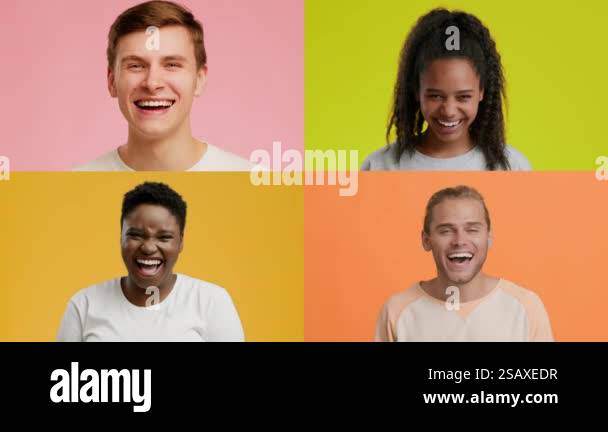Four individuals express joy and laughter against vibrant backgrounds ...